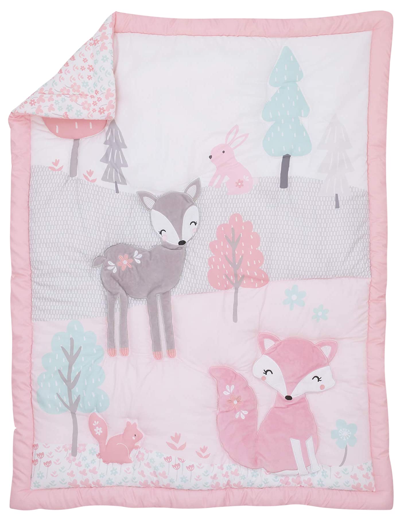 NoJo Sweet Forest Friends - Pink, Aqua, Grey & White 4Piece Nursery Crib Bedding Set - Comforter, Fitted Crib Sheet, Dust Ruffle, Diaper Stacker, Pink, Aqua, Grey, White