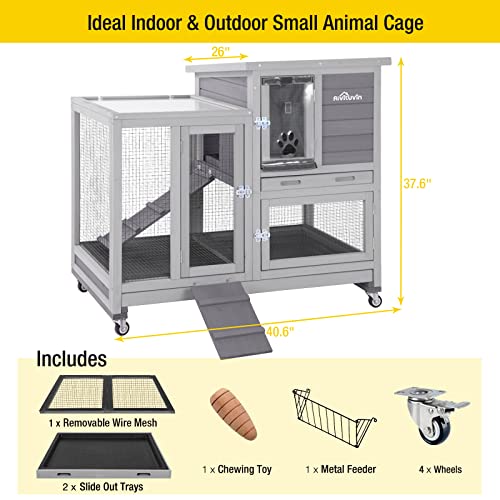 Aivituvin Wooden Bunny Hutch Indoor- Outdoor Rabbit Guinea Pig Cage for Small Animals with Exclusive Two Trays & Bottom Wire Mesh (Grey)