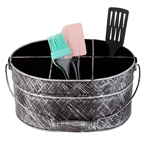 Black & Silver Metalic Caddy Plain 10.5 x 8 x 5 - Galvanized Metal Organizer for Kitchen Counter - Comfortable Wooden Handle /Indoor/Outdoor Storage For Flatware, Condiments, Party Cutlery, Arts