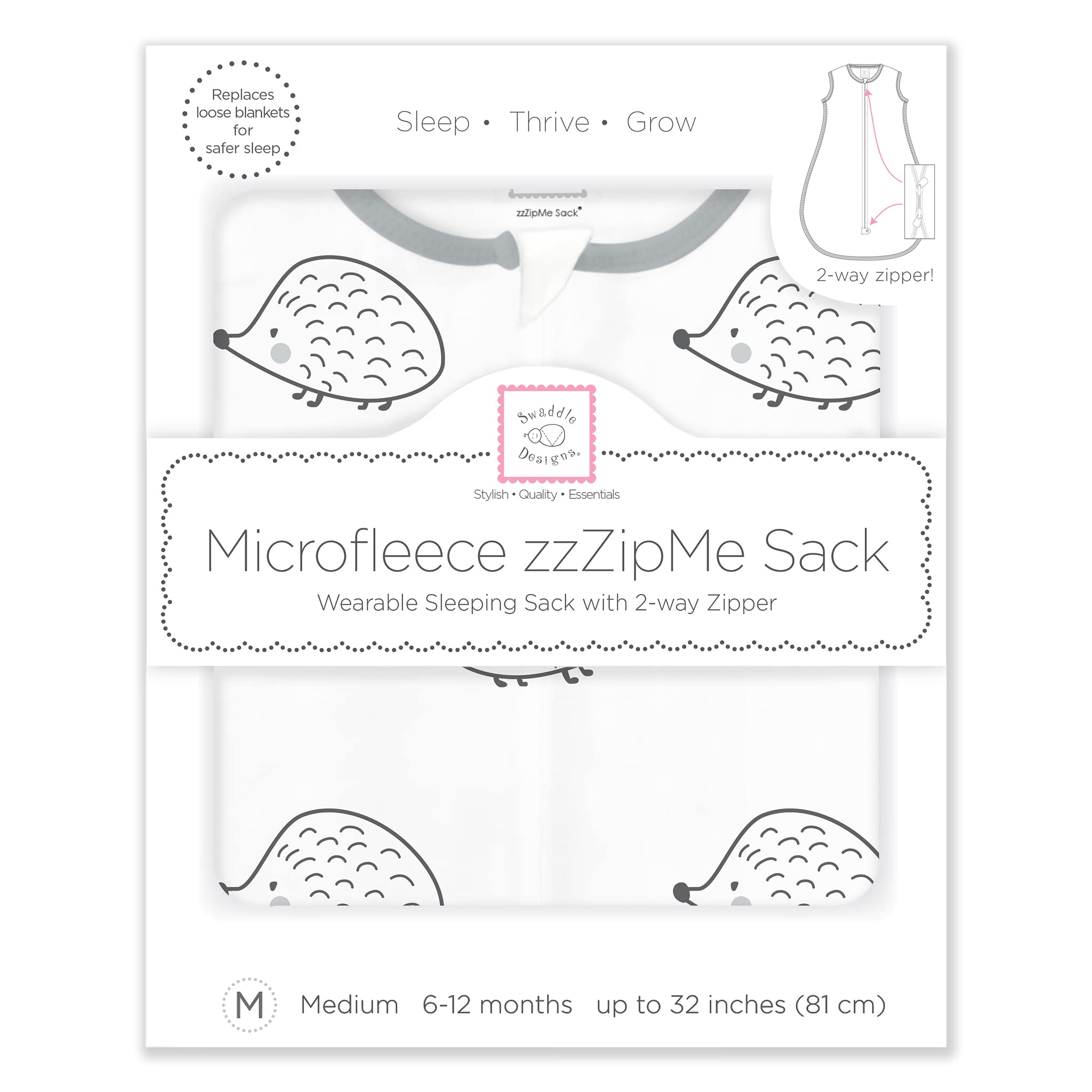 SwaddleDesigns Soft Fleece Sleeping Sack, Hedgehog, Black, Medium, 6-12 Months, Wearable Blanket with 2-Way Zipper