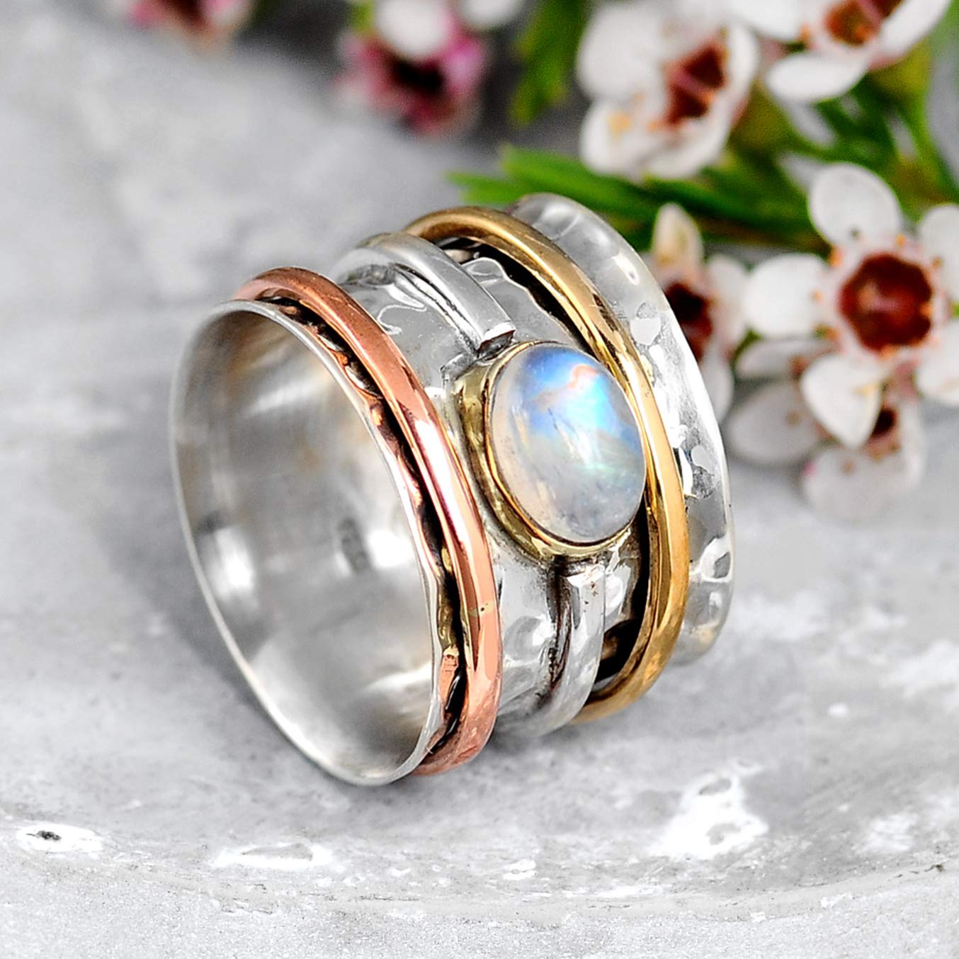Boho-Magic 925 Sterling Silver Spinner Moonstone Ring for Women with Copper and Brass Fidget Rings Bands (8)