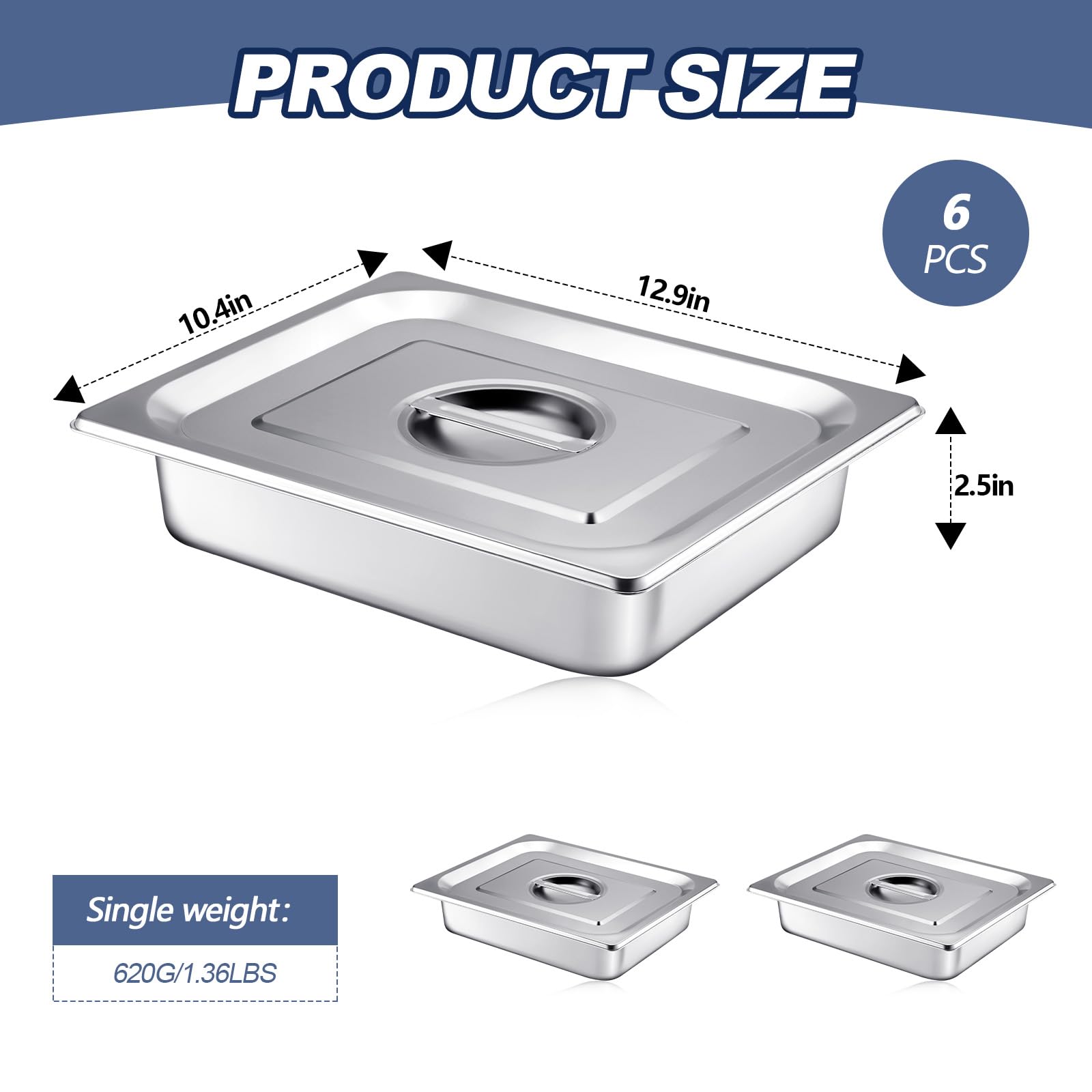 Mifoci Stainless Steam Hotel Pan with Lid, 2-1/2 Inch Deep Steam Table Pan Restaurant Supplies Reusable Anti Rust Steam Pan Water Pan for Home, Party, Restaurant, Hotel, Buffet (6 Sets,1/2 Size)