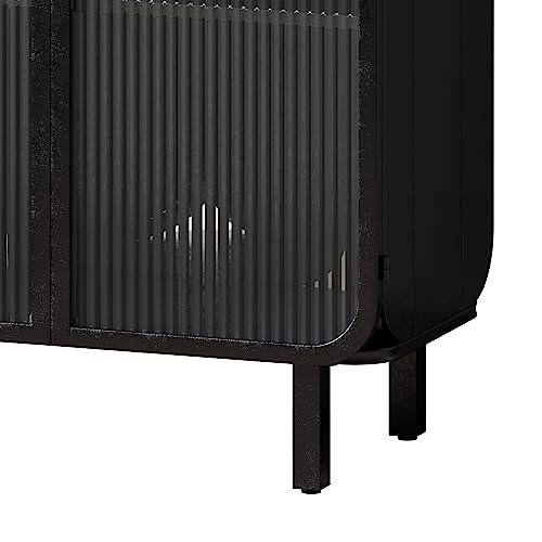 Aisurun 28.35" Modern Storage Cabinet Sideboard with 2 Glass Doors, Fir Top & 3 Storage Shelves for Entryway Living Room Home Office Dining Room, Black+Brown
