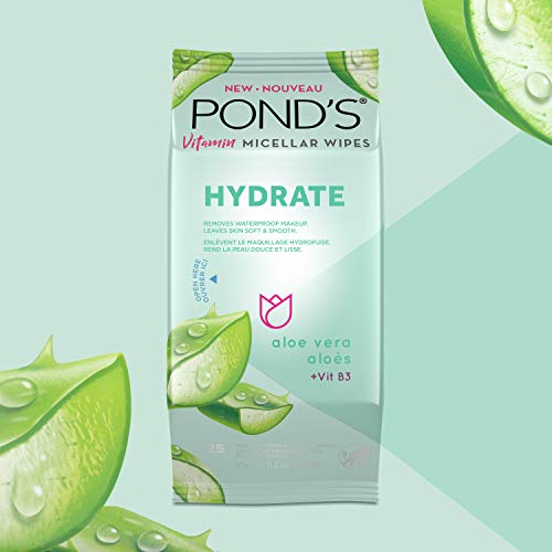 POND'S Vitamin Micellar Makeup Remover Wipes for Dry Skin, Skin Care Hydrating Aloe Vera Daily Face Wipes Remove Dirt, Waterproof Makeup, 25 Count, 4 Pack