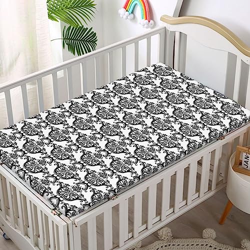 Damask Themed Fitted Crib Sheet,Standard Crib Mattress Fitted Sheet Ultra Soft Material - Great for Boy or Girl Room or Nursery,28β x52β,White Black