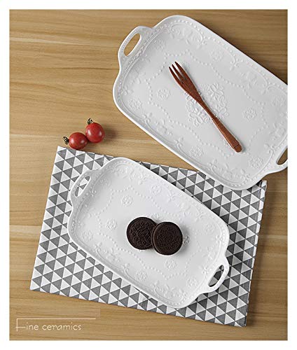 AMDSS Dinner Plate 2pcs Set,10+12inch, White Embossed Porcelain Square Tray with Handle, Ceramic Buffet Tray, Chafing Dish, Display Plate