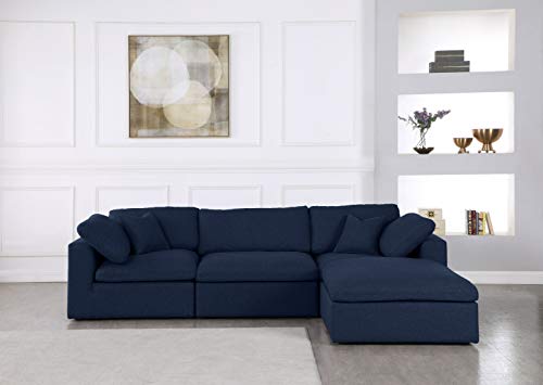 Meridian Furniture Serene Collection Modern | Contemporary Deluxe Comfort Modular Sectional, Soft Linen Textured Fabric, Down Cushions, 2 Corner + 1 Armless + 1 Ottoman, Navy