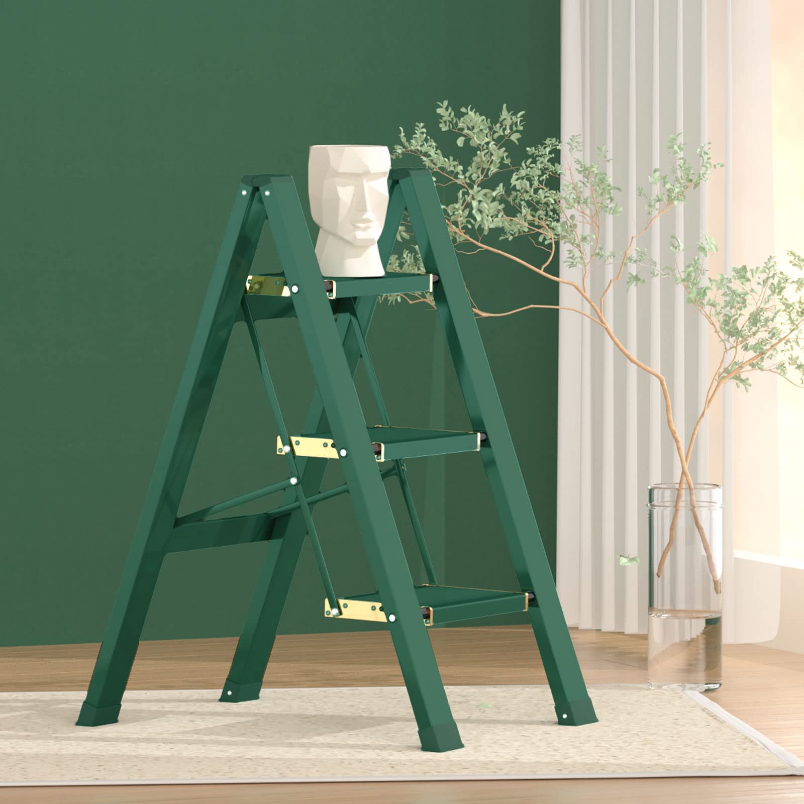 3 Step Ladder, Folding Step Stool with Wide Anti-Slip Gold Wide Pedal, Lightweight Aluminum Step Ladders for Adults, Multi-Functional Ladders with 330lbs Load Capacity for Home and Kitchen, Green