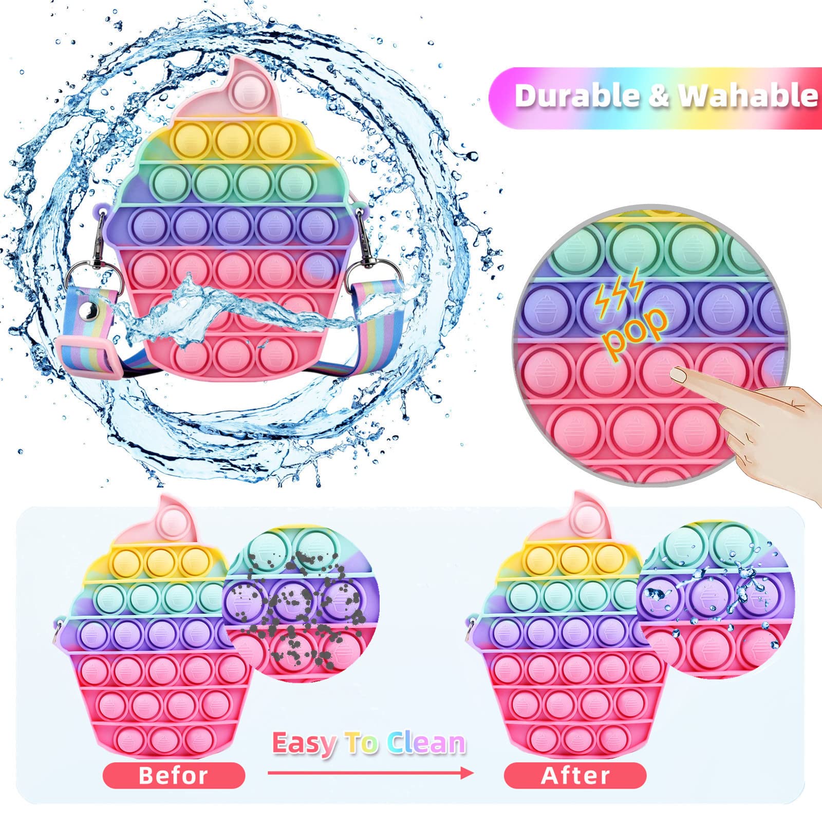 Pop purse bag for Girls, 2 in 1 Poppet Bag fidget Toy with Adjustable Shoulder Strap Length, Silicone Crossbody Small Purse Gift for Kids (Cup Cake)