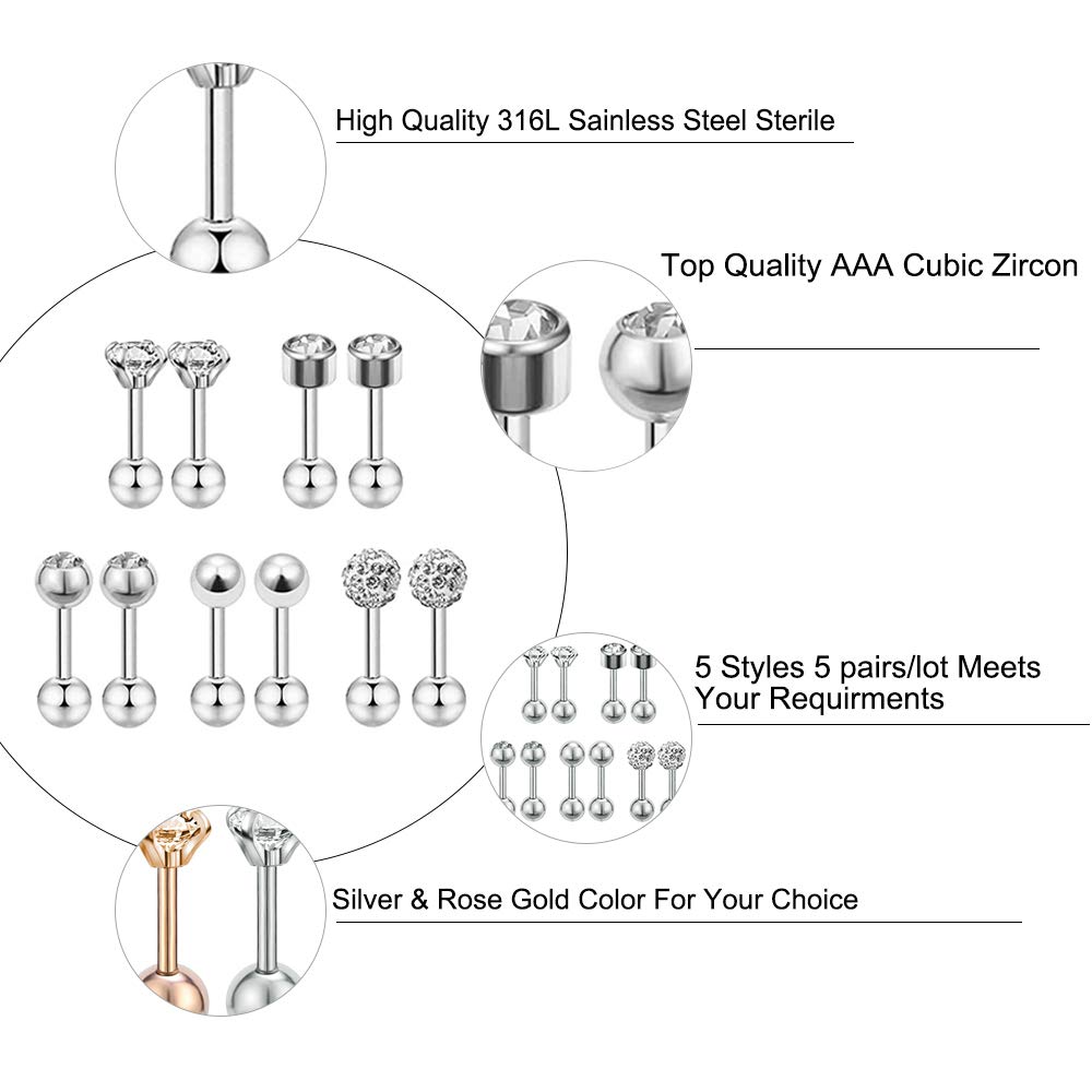 5 Pairs Ball Stud Earrings Stainless Steel 18G Barbell Gartilage Earrings Helix Earrings 4mm CZ Ear Piercing Set (Silver)