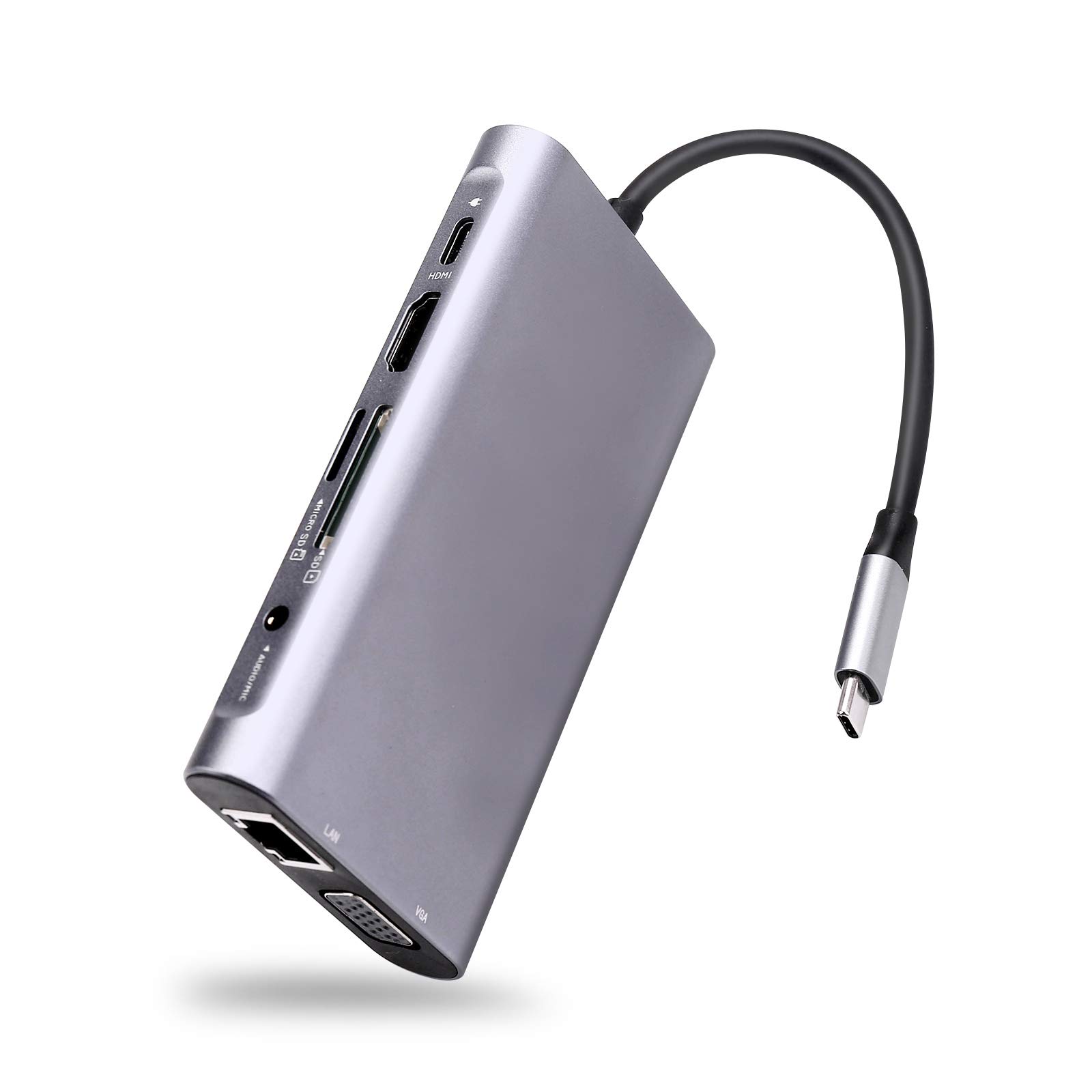 USB C Hub 10 in 1 Type C Hub with Ethernet, 4K USB C to HDMI, VGA, PD Power Delivery, 3 USB 3.0 Ports, USB C to 3.5mm, SD/TF Cards Reader for MacBook/Pro/Air and Type C Windows Laptops