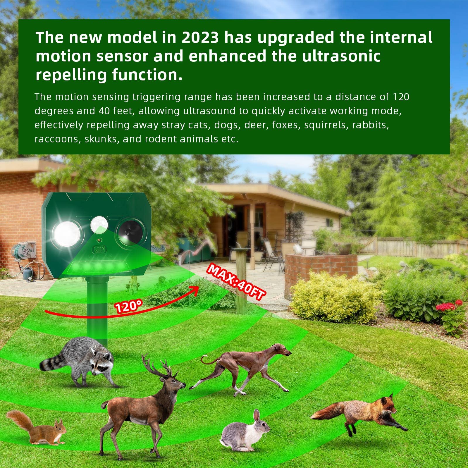 4 Pcs Solar Ultrasonic Animal Repellent Outdoor Waterproof Animal Deterrent Devices with Motion Sensor & 5 Strobe Lights & Explosive Flash Light & Speaker for Stray Cat Deer Dog Rabbit Raccoon Coyote