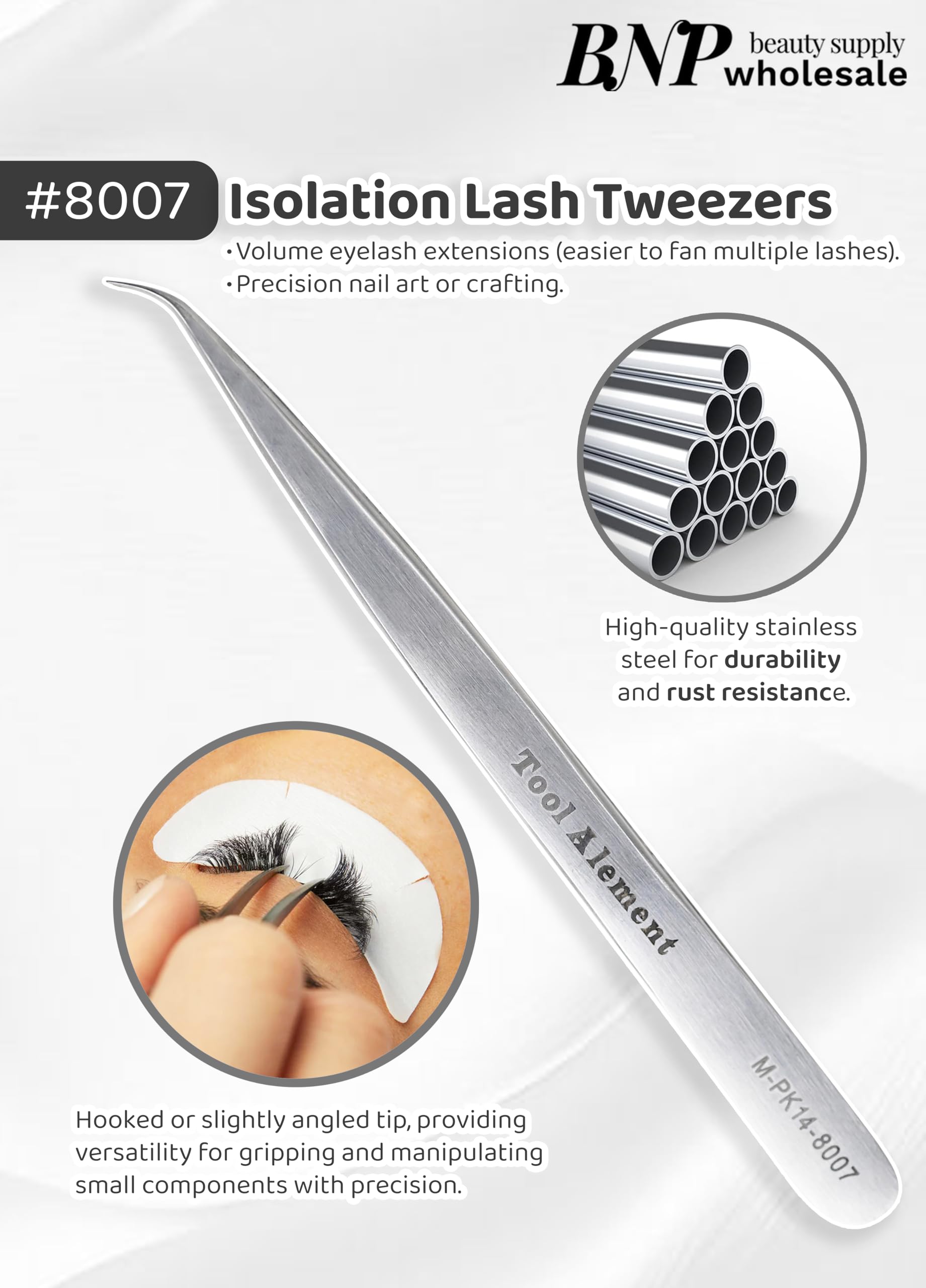 Tool Alement Canadian Stainless Steel Eyelash Extension Tweezers,14cm Semi Curve Eyelash Tweezers M-PK14-8007
