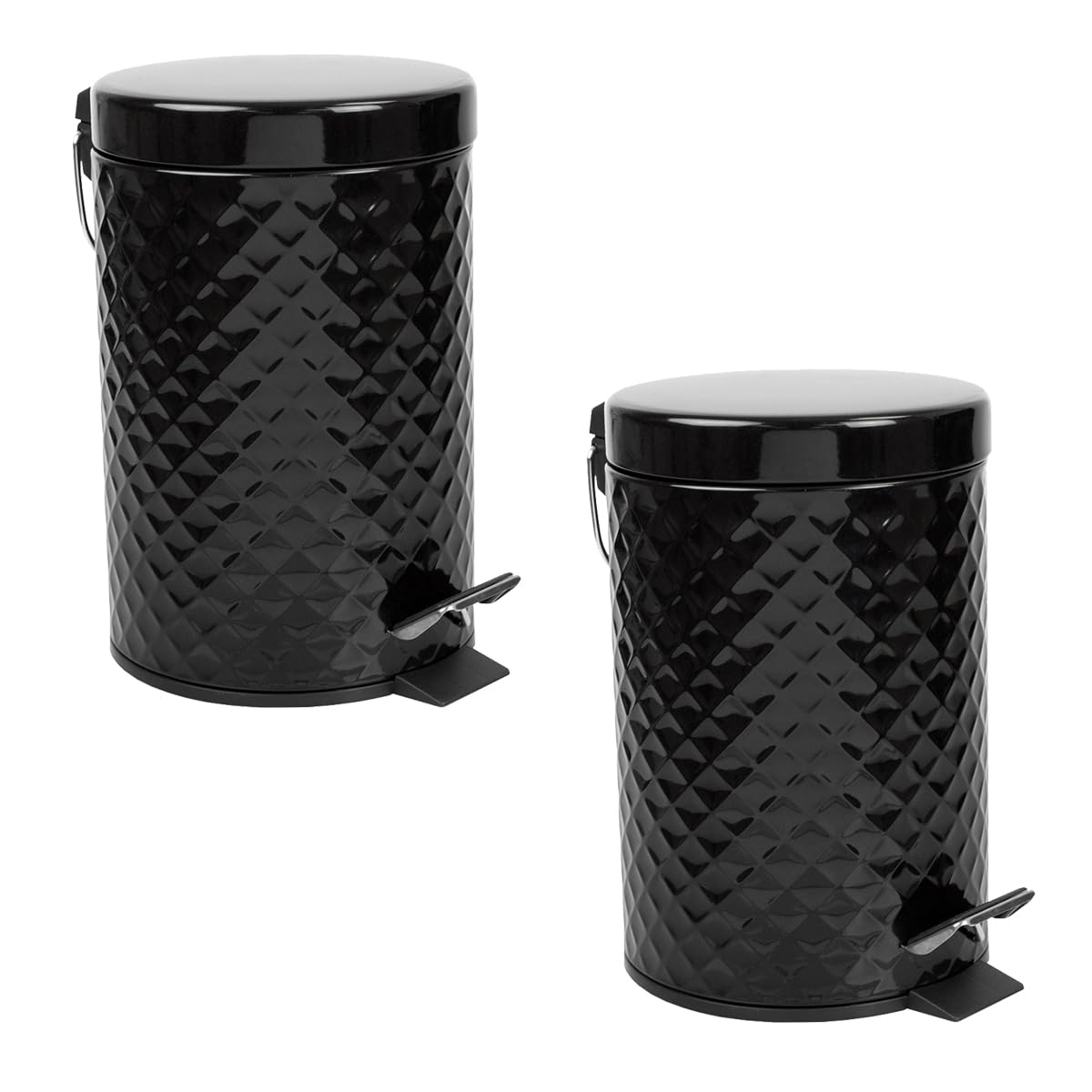 Home Basics 3 Liter Pedal Activated Textured Small Steel Waste Bin, Black Soft Lid Closure, Removable Plastic Liner, and Portable Carrying Handle, (2PACK)