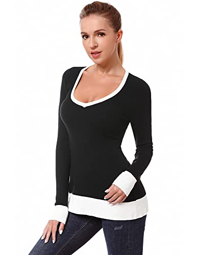 AmĂŠlieBoutik Women Color Trim V Neck Long Sleeve Pullover Knit Sweater Top (Black and Ivory White Large)