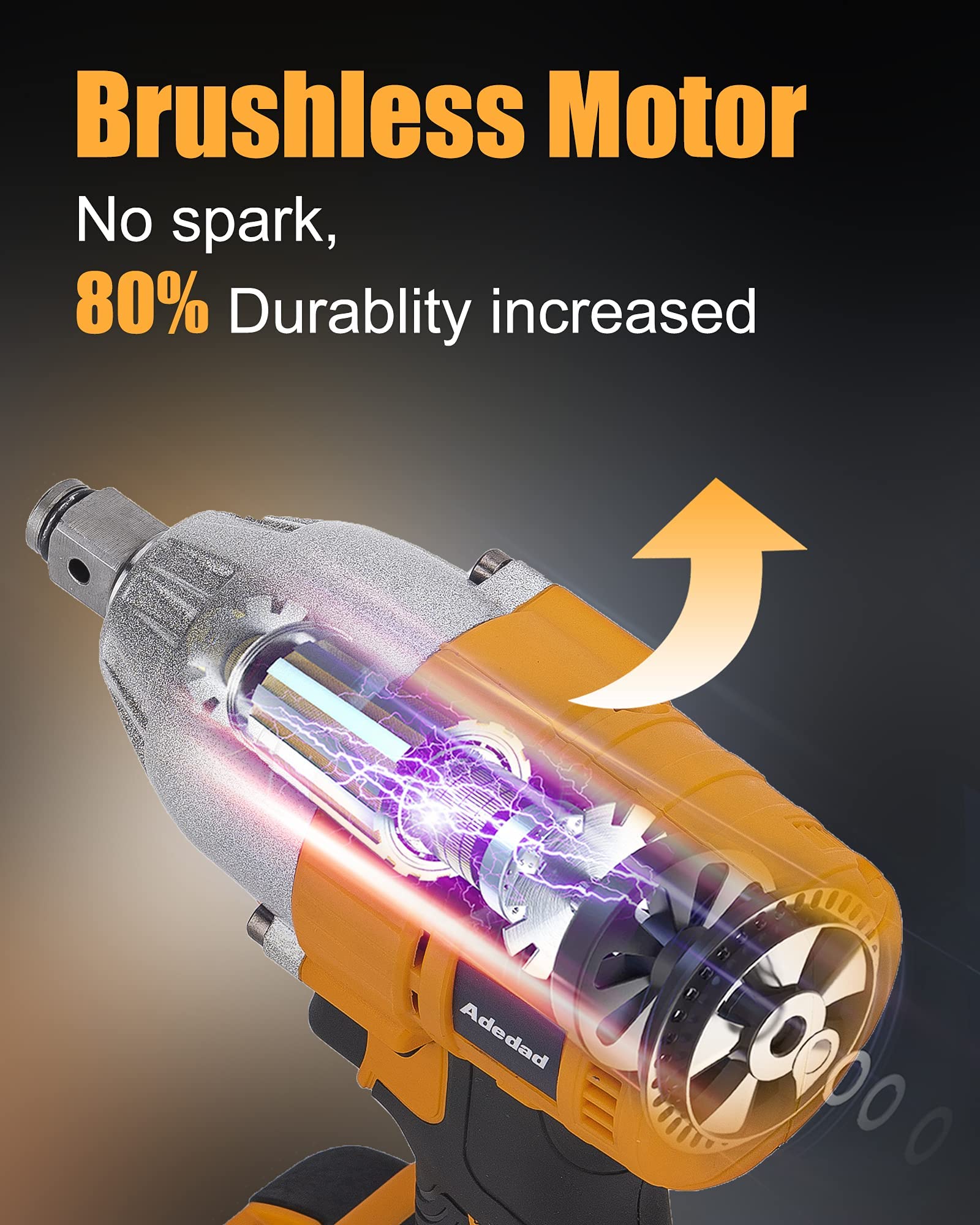 Adedad 20V Brushless 1/2 inch Cordless Impact Wrench with Battery, Fast Charger, LED Light - 240 ft-lbs Torque 3000 RPM