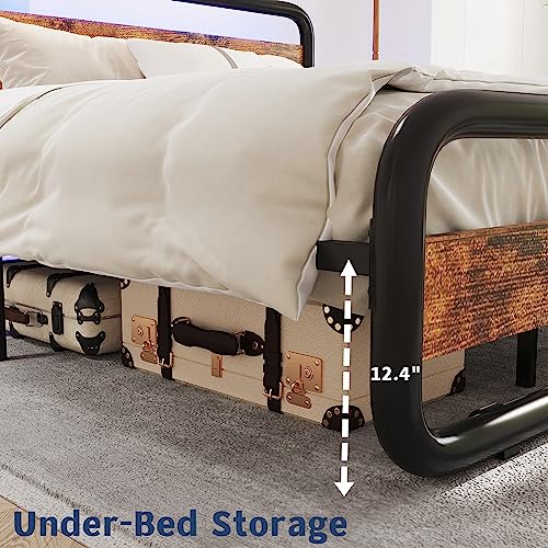 HOMFAMILIA LED Queen Size Metal Bed Frame with Wooden Headboard & Footboard, Heavy-Duty Metal Oval-Shaped Platform Bed Frame w/LED Lights & Under-Bed Storage, Noise Free, No Box Spring Needed, Brown