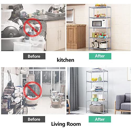INGIORDAR 5-Shelf Metal Shelving Storage Unit with Adjustable Legs Wire Organizer Rack for Bathroom Kitchen Garage,(Silver,29.5 "L x 13.8" W x 62.2 "H)