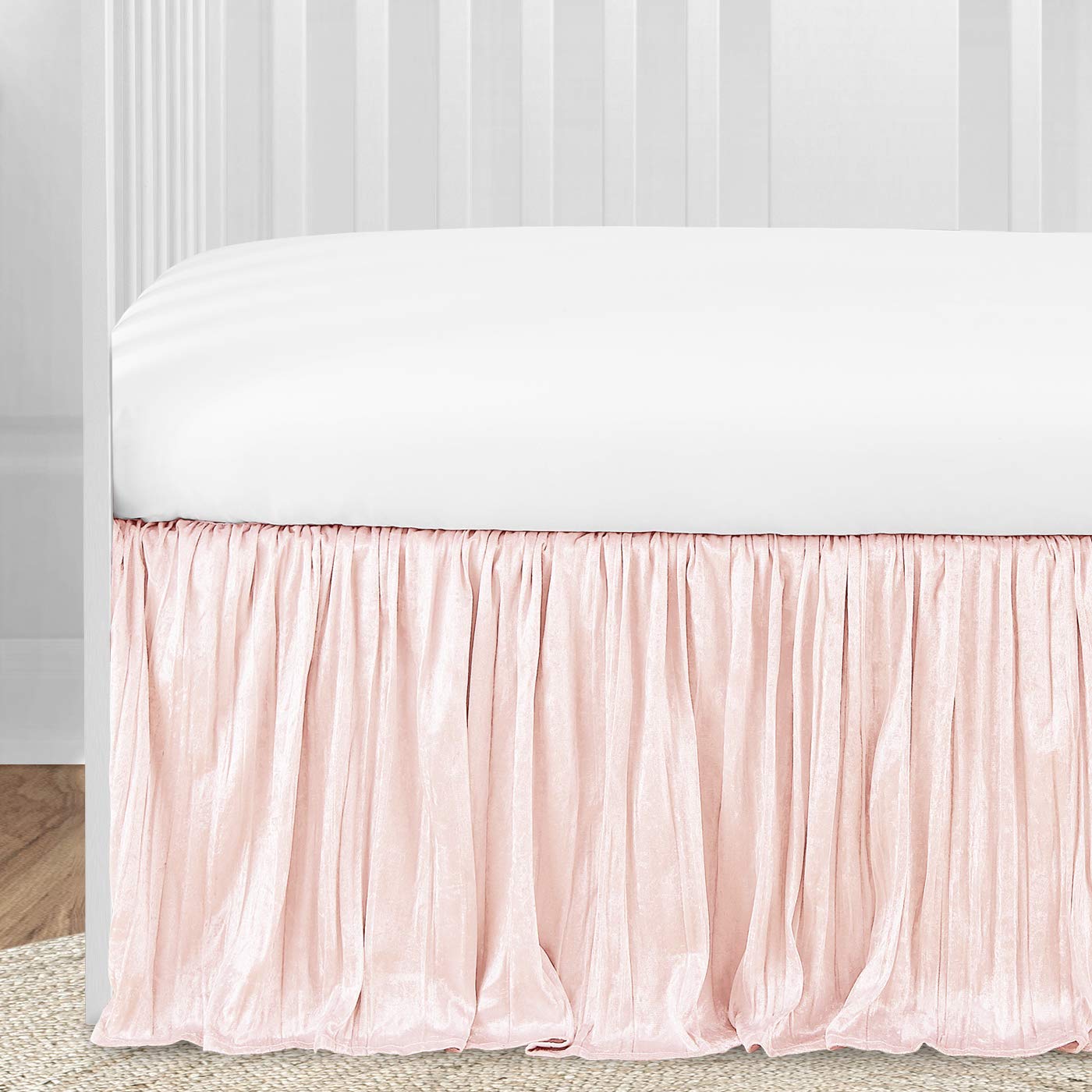 Sweet Jojo Designs Pink Floral Vintage Lace Baby Girl Nursery Crib Bedding Set - 4 pieces - Solid Light Blush Crinkle Crushed Velvet Luxurious Elegant Princess Boho Shabby Chic Luxury Flower Ruffle