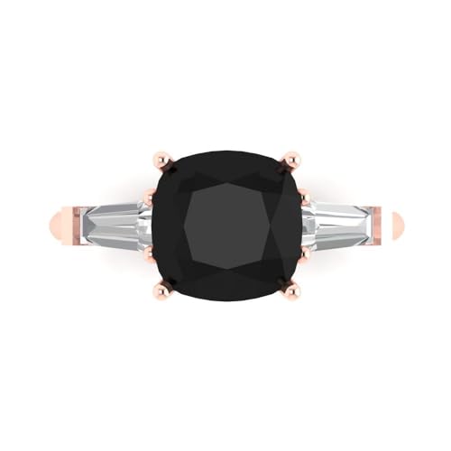 3.50 ct Cushion cut 3 stone Solitaire Genuine Natural Black Onyx Engagement Promise Anniversary Bridal Ring 18K Rose Gold 4