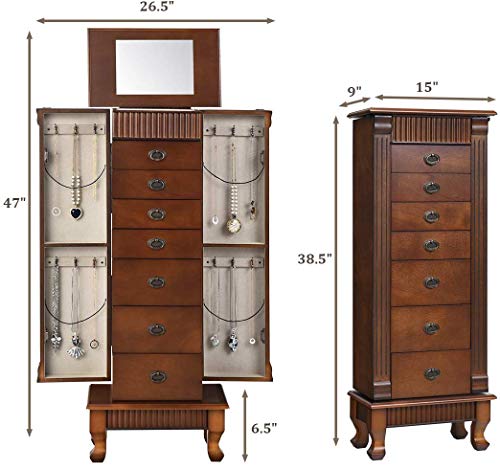 HOMGX Cabinet Chest, Makeup Mirror and Top Divided Storage Organizer, Large Standing Jewelry Armoire with 7 Drawers, 2 Swing Doors, 12 Necklace Hooks