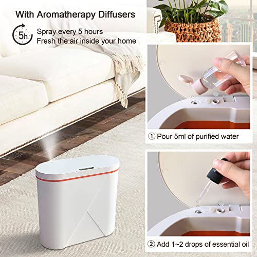 Automatic Trash Can with Essential Oil Diffuser,4 Gallon bathroom trash cans with lid,Touchless Trash Can Bedroom,Small Smart Trash Can Motion Sensor,Slim Garbage Can Bin White Waste Basket (USB)