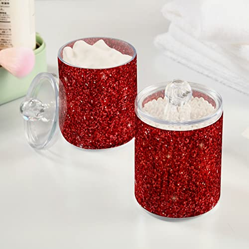 ALAZA 4 Pack Qtip Holder Dispenser Red Glitter Bathroom Organizer Canisters for Cotton Balls/Swabs/Pads/Floss,Plastic Apothecary Jars for Vanity