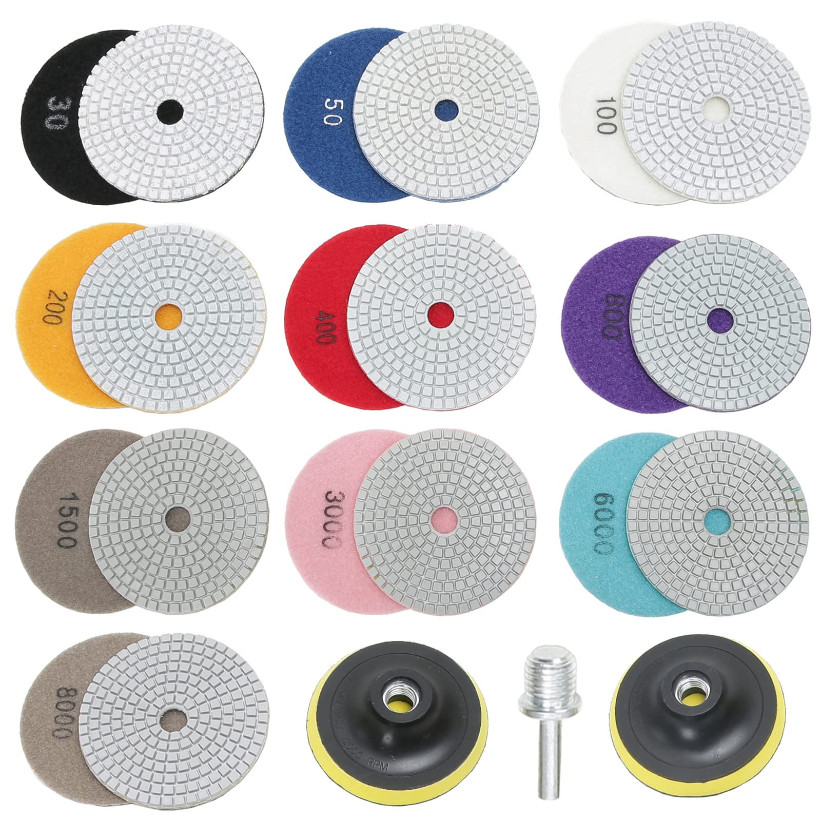 4 Inch Diamond Grinding Pads for Tile, 13pcs Wet/Dry Diamond Sanding Polishing Sheet Granite Stone Polish Kit for Concrete Marble Countertop Quartz 30#~8000# with Backer Pads Thread 5/8"
