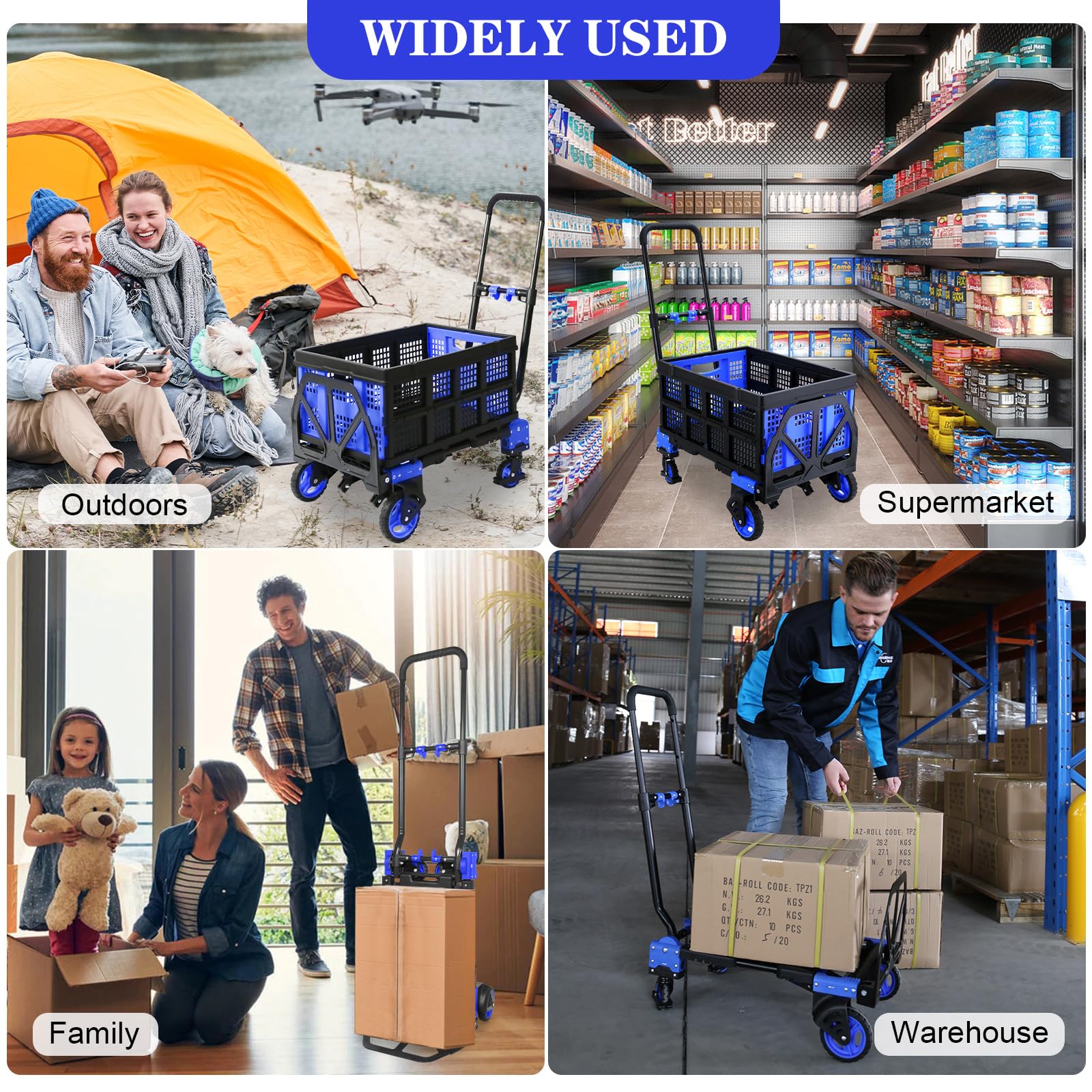 Oyoest 2 in 1 Folding Hand Truck with Folding Basket,Heavy Duty Hand Truck Dolly 330lbs Capacity with Telescoping Handle and Rubber Wheels,Portable Dolly Cart with Bungee Cords for Moving