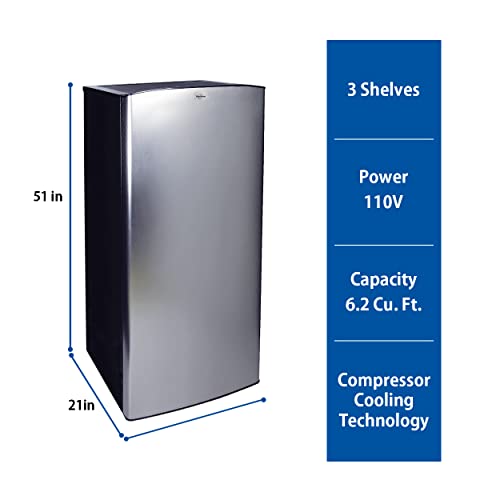 Koolatron Stainless Steel Compact Fridge with Freezer, 6.2 cu ft (176L), Silver/Black, Space-Saving Flat Back, 0.9 cu ft (25.5L) Freezer, Tempered Glass Shelves, Basement, Office, Cottage, Home Bar