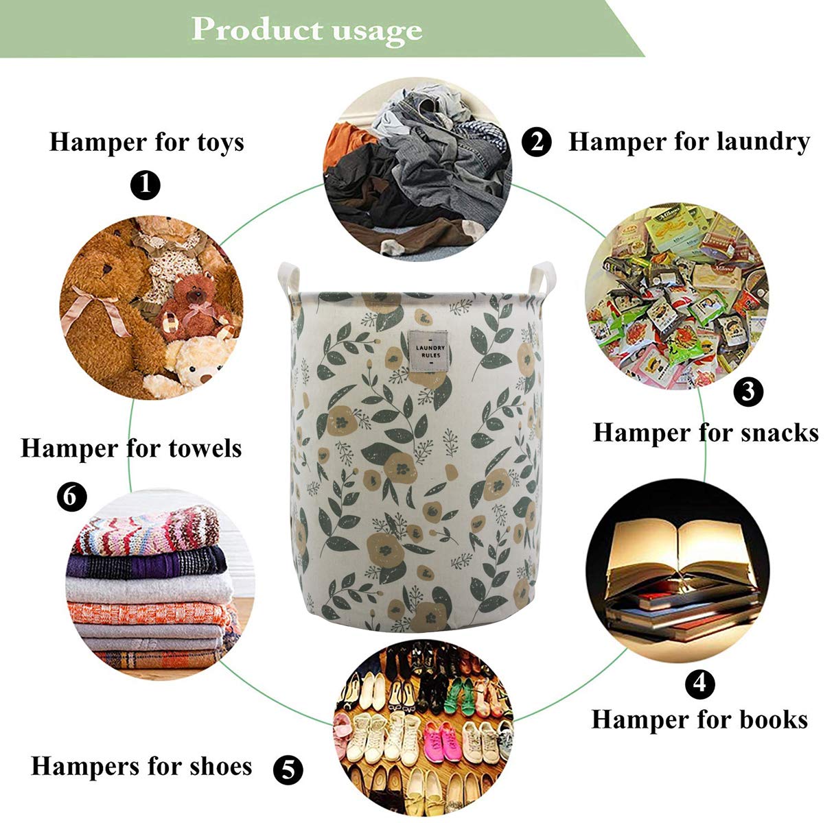 Large Fabric Storage Bins Toys Storage Basket for Baby Nursery, Kids Playroom, Home Organizer, Collapsible Laundry Basket Hamper with Floral Pattern (Green Flowers)