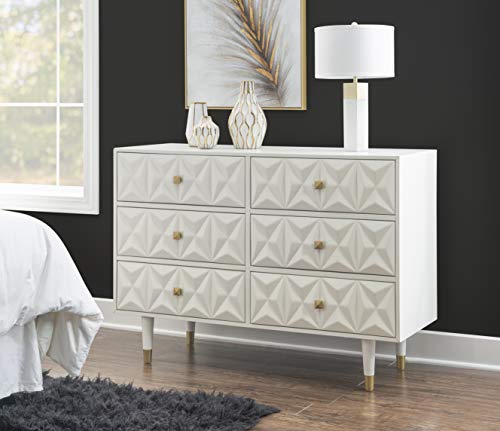 Linon Home Décor Sheerah Six Drawer Geo Texture White Dresser, Gold
