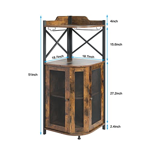 JKsmart Corner Bar Cabinet with Glass Holder,Industrial Wine Cabinet with Mesh Door,Wine Bar Cabinet with Adjustable Shelf,Home Bar for Liquor and Wine Storage,Rustic Brown