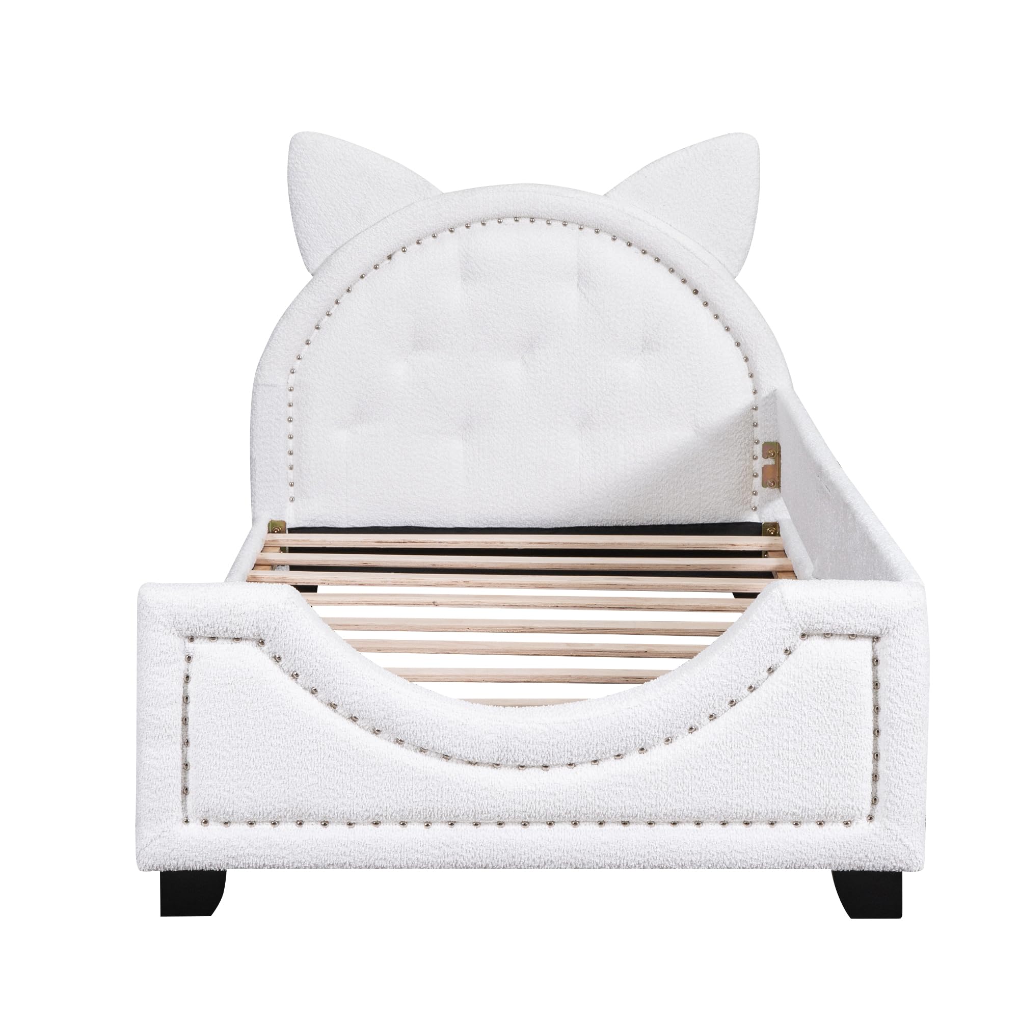 Acosure Teddy Fleece Twin Size Upholstered Daybed with Carton Ears Shaped Headboard for Kids Bedroom,Wood Low Floor Platform Bed,Super Save Space/Easy Assembly/No Box Spring Needed,White