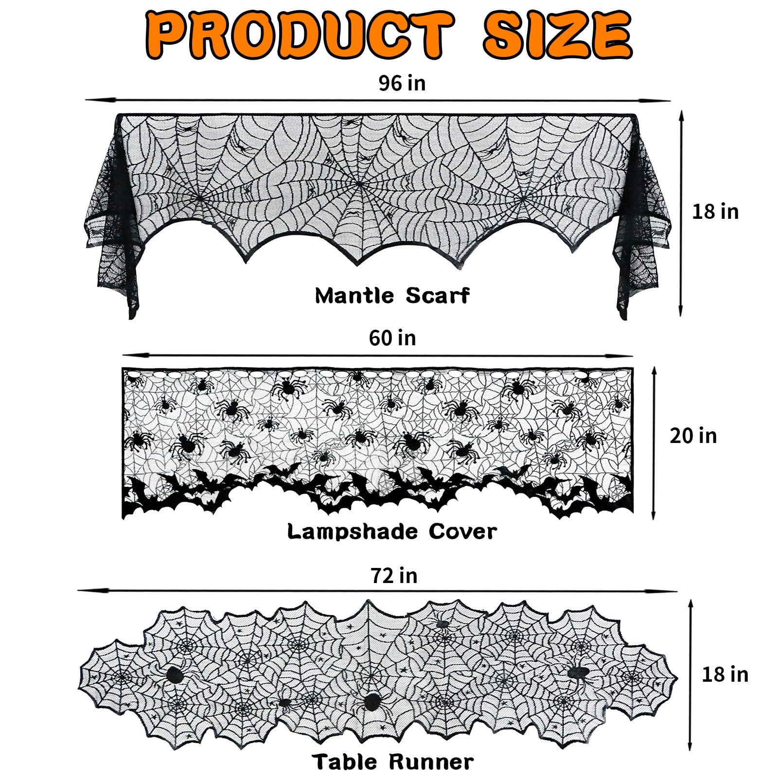 5 Pack Halloween Decorations Indoor, Halloween Mantel Decorations, Spider Web Table Runners, Round Table Cover and Cobweb Lampshade with 36pcs Scary 3D Bat Stickers for Halloween Party Decor