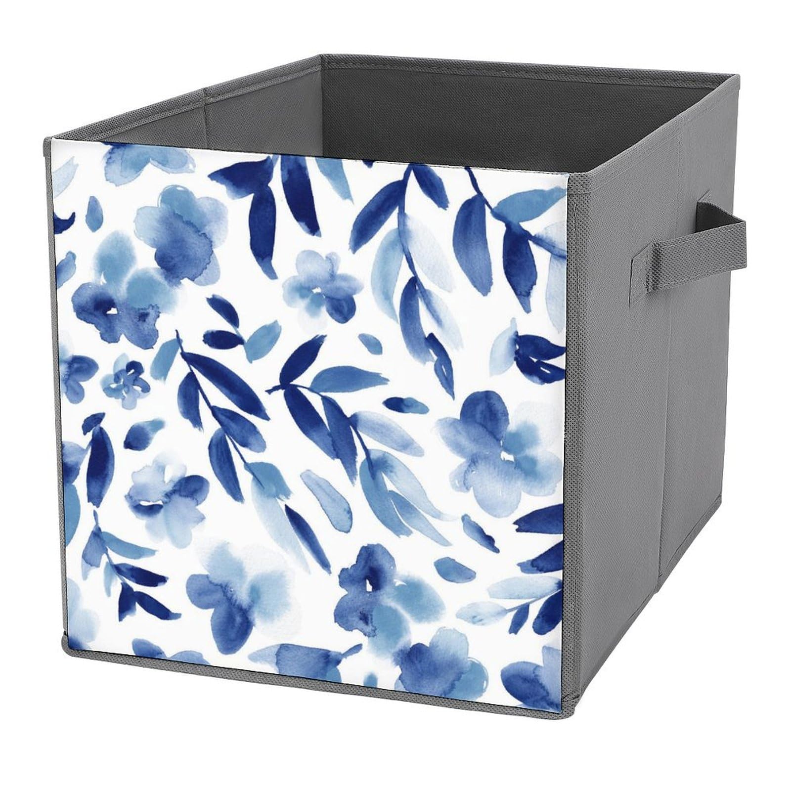 MEIKKO Floral in Blue And White Cube Storage Bins Watercolor Flowers 11 Inch Storage Cubes Foldable Decorative Fabric Storage Baskets for Organizing Home Organizers with Handles for Shelves,Closet