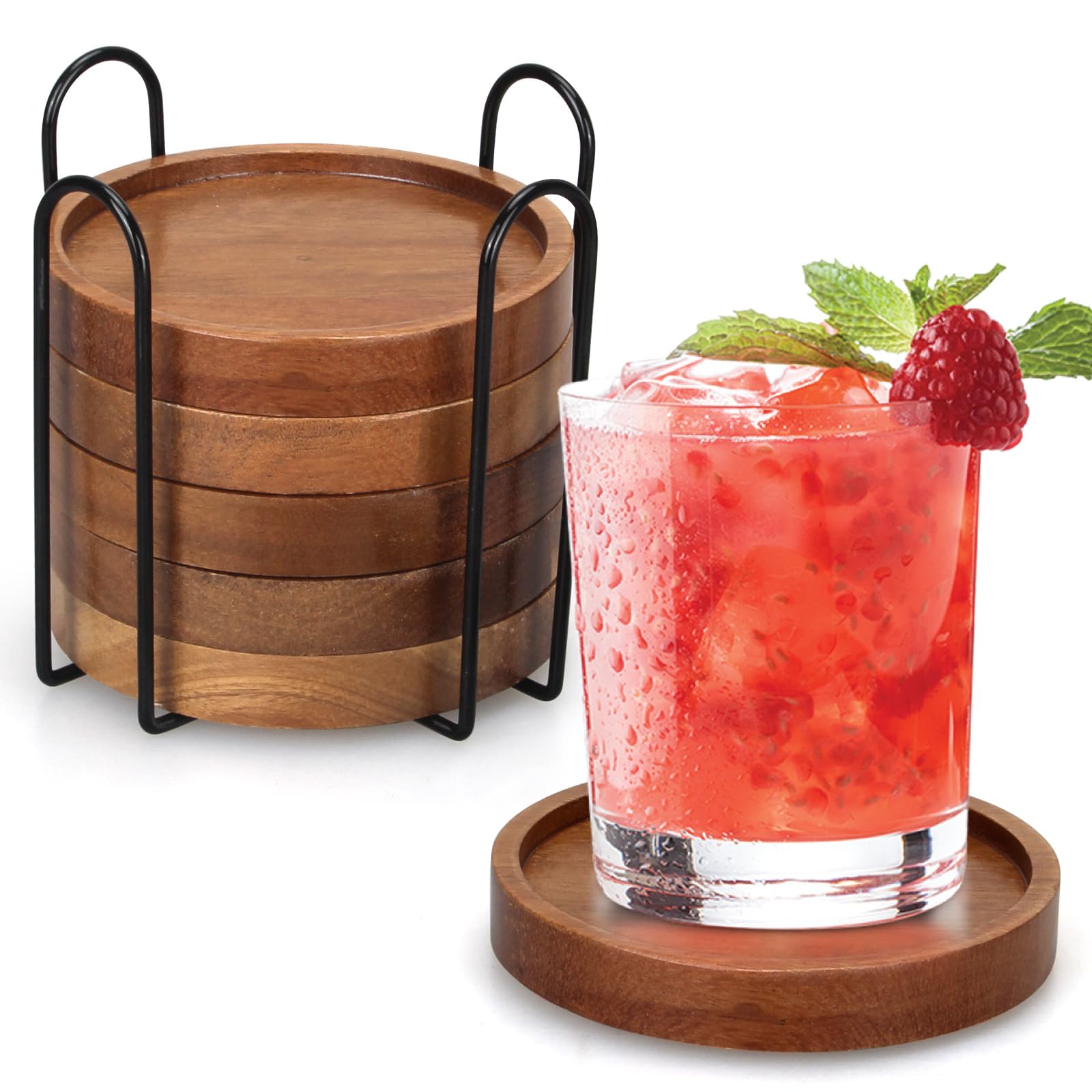 6 Pcs Best Wooden Coasters with Holder Coffee Table Coasters for Drink Acacia Wood Coaster Set Modern Cup Coasters Cute Beer Coaster Bar Coasters Decorative Beverage Rustic Outdoor Coasters