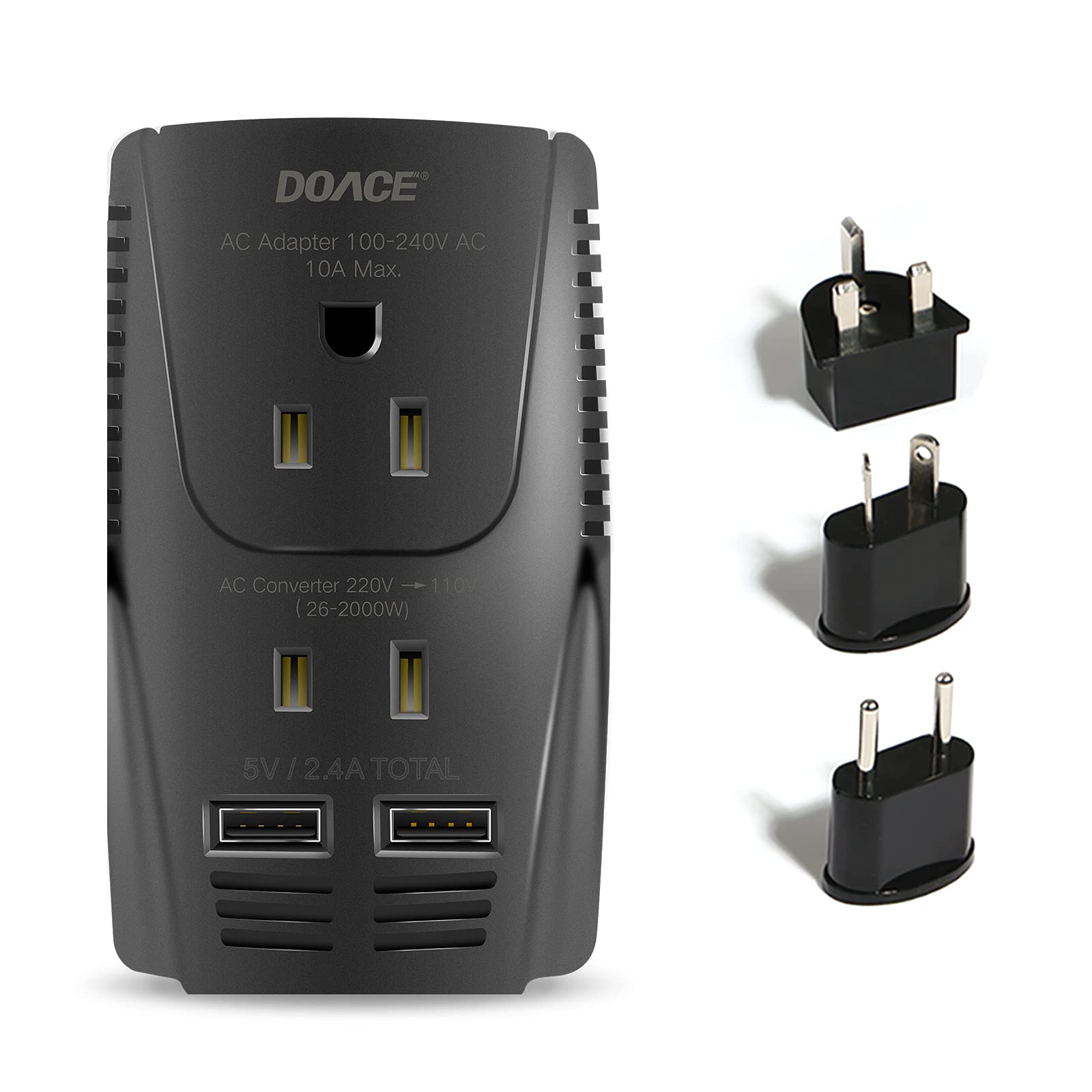 Upgraded DOACE® 2000W Travel Voltage Converter for Hair Dryer Straightener Curling Iron, Step Down 220V to 110V Converter, Power Adapter with 2 USB and EU/UK/AU/US Plugs for Laptop Camera Cell Phone