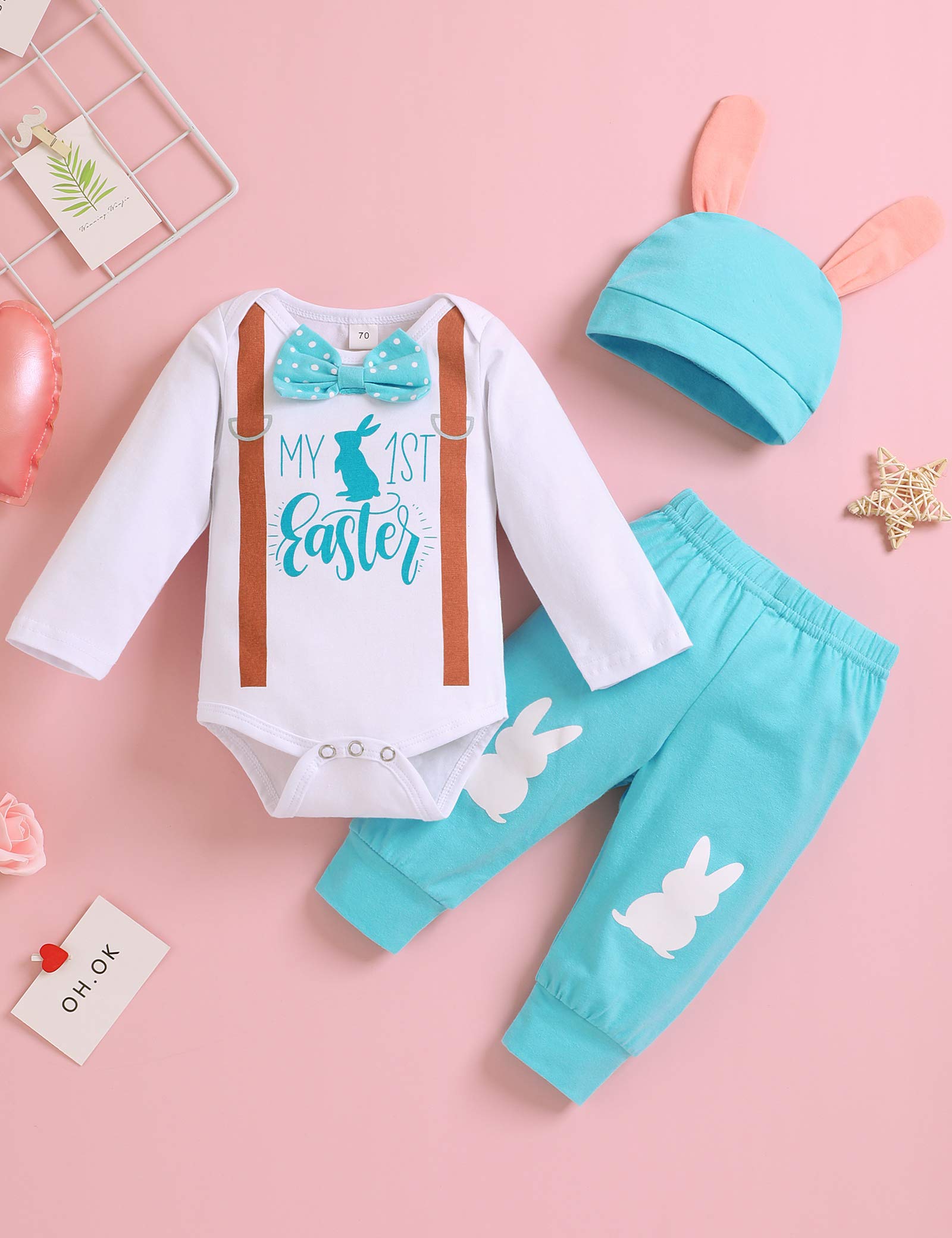My First Easter Outfit Infant Baby Boy Long Sleeve Bow Tie Romper Bunny Pants with Hat Easter Clothes Sets Blue