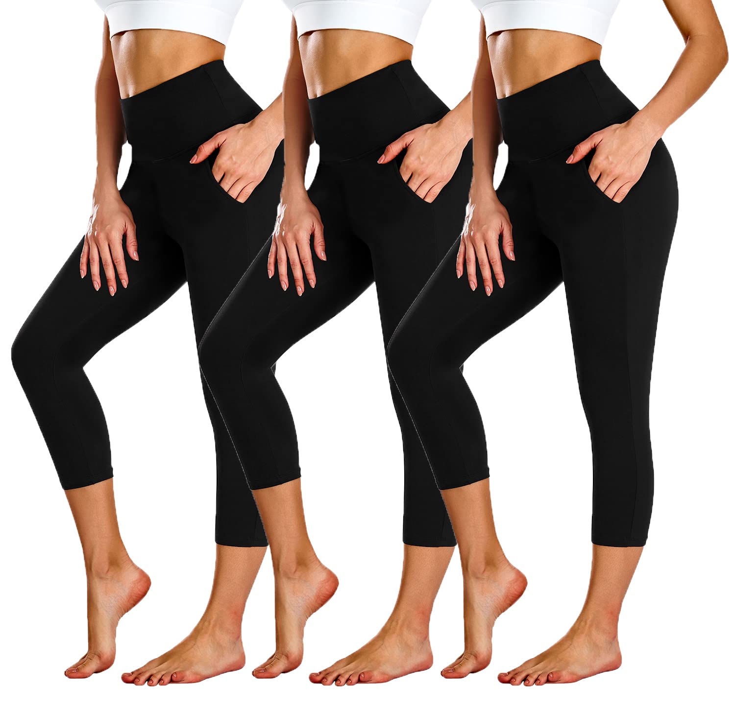 3 Pack Capri Leggings for Women Butt Lift-High Waisted Tummy Control Black Workout Yoga Pants