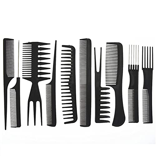 Hair Care Comb Anti Static Coarse Fine Toothed Tail Teasing Waves Pick Combs Set of 10,Black
