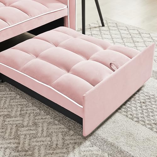 ACQCA Convertible Sleeper, 3-in-1 Multi-Functional Couch with Pull-Out Bed, Modern Chaise Lounge with Adjustable Backrest and Pillow for Apartment,Living Room,Bedroom, Pink-Sofa Chair