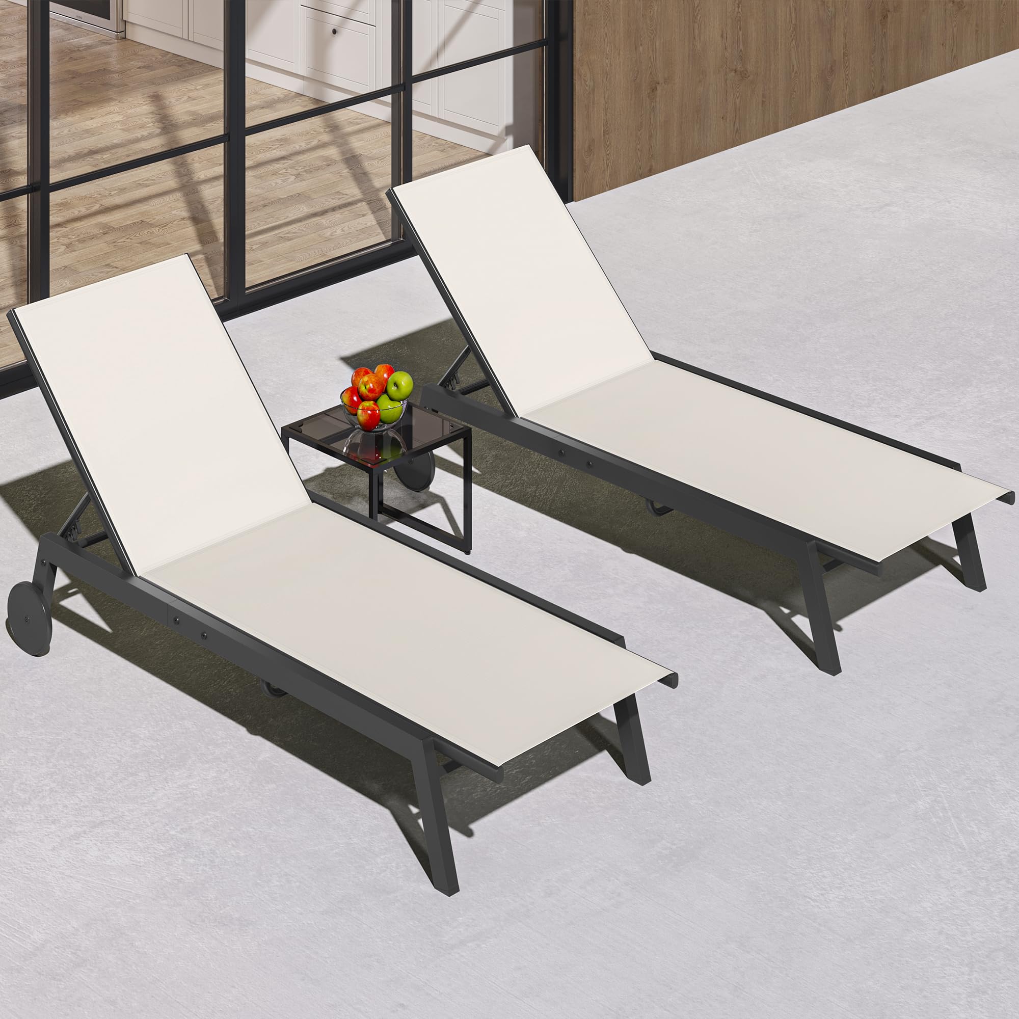 YITAHOME Outdoor Chaise Lounge Chairs Set with Side Table, Adjustable Backrest Poolside Loungers with Aluminum Frame/Textile Fabric/Wheels for Pool Beach Patio Lawn Porch (Beige)