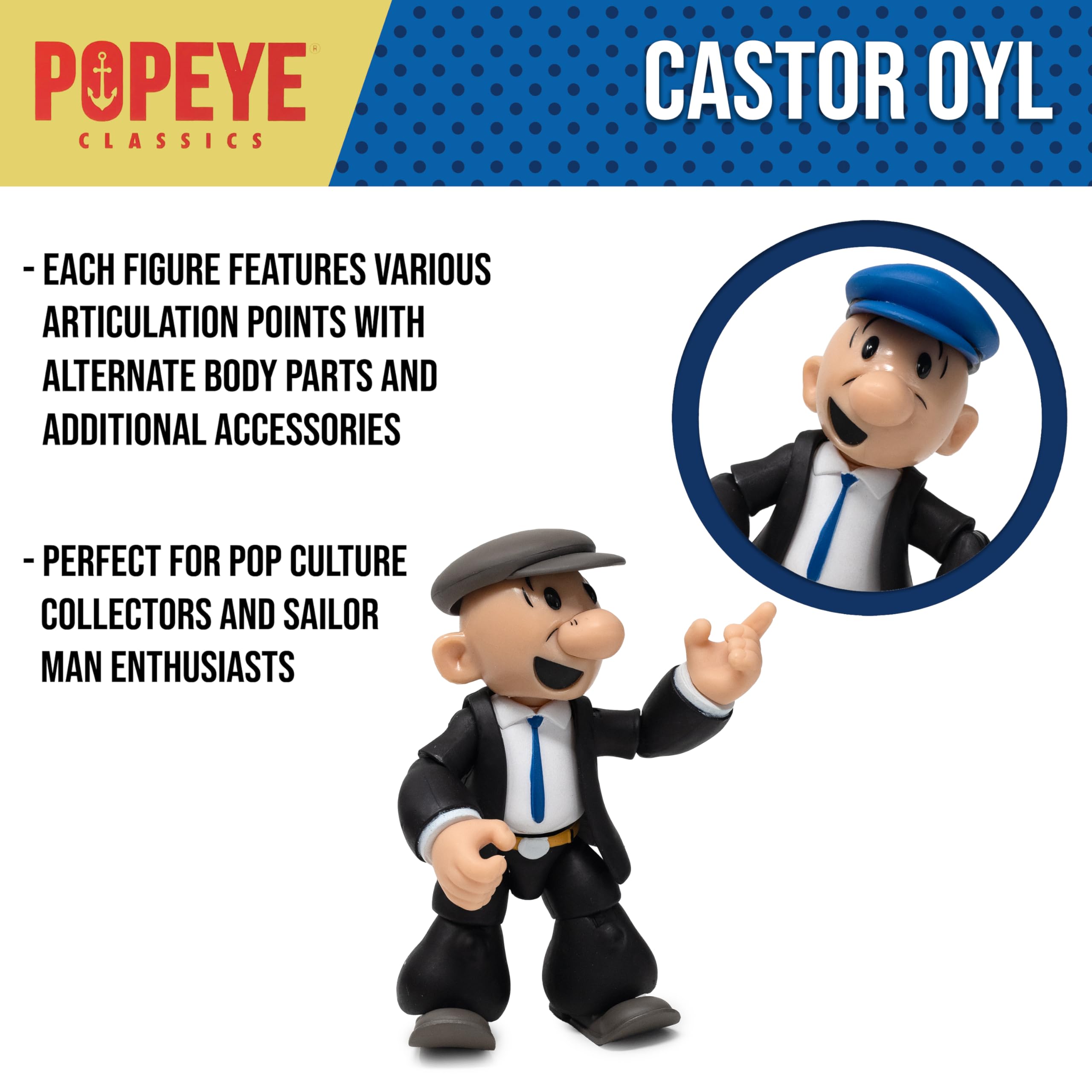 Boss Fight Studio Castor OYL Popeye Classics Wave 1 Collectible Action Figure β Highly Articulated Figurine and Accessories Including Eugene The Jeep, Bernice The Whiffle Hen, & Removable Hats β 1:12