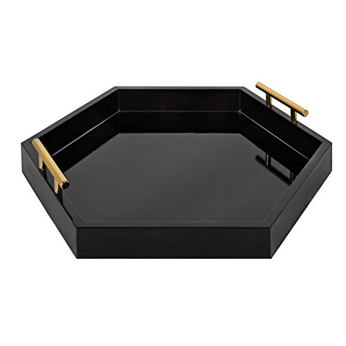 Kate and Laurel Lipton Modern Hexagon Decorative Tray, 18" x 18", Black with Gold Metal Handles
