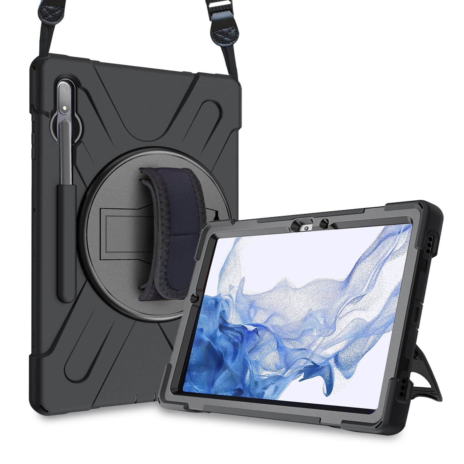 ProCase Galaxy Tab S8 Plus 2022 / S7 Plus 12.4” 2020 Case with S Pen Holder (Model SM-X800/X806/T970/T975), Rugged Heavy Duty Shockproof Case with Hand Strap Rotating Kickstand Protective Cover–Black