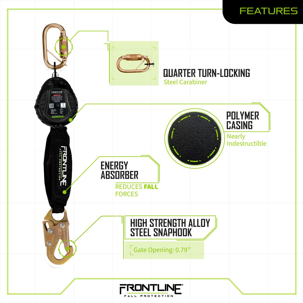 Frontline RPW061S 6' Web SRL with Steel Snap Hook | Pocket-Sized Design | Lightweight & Durable | High-Strength Webbing | Quick-Action Braking | 310 lbs Capacity | ANSI & OSHA Compliant
