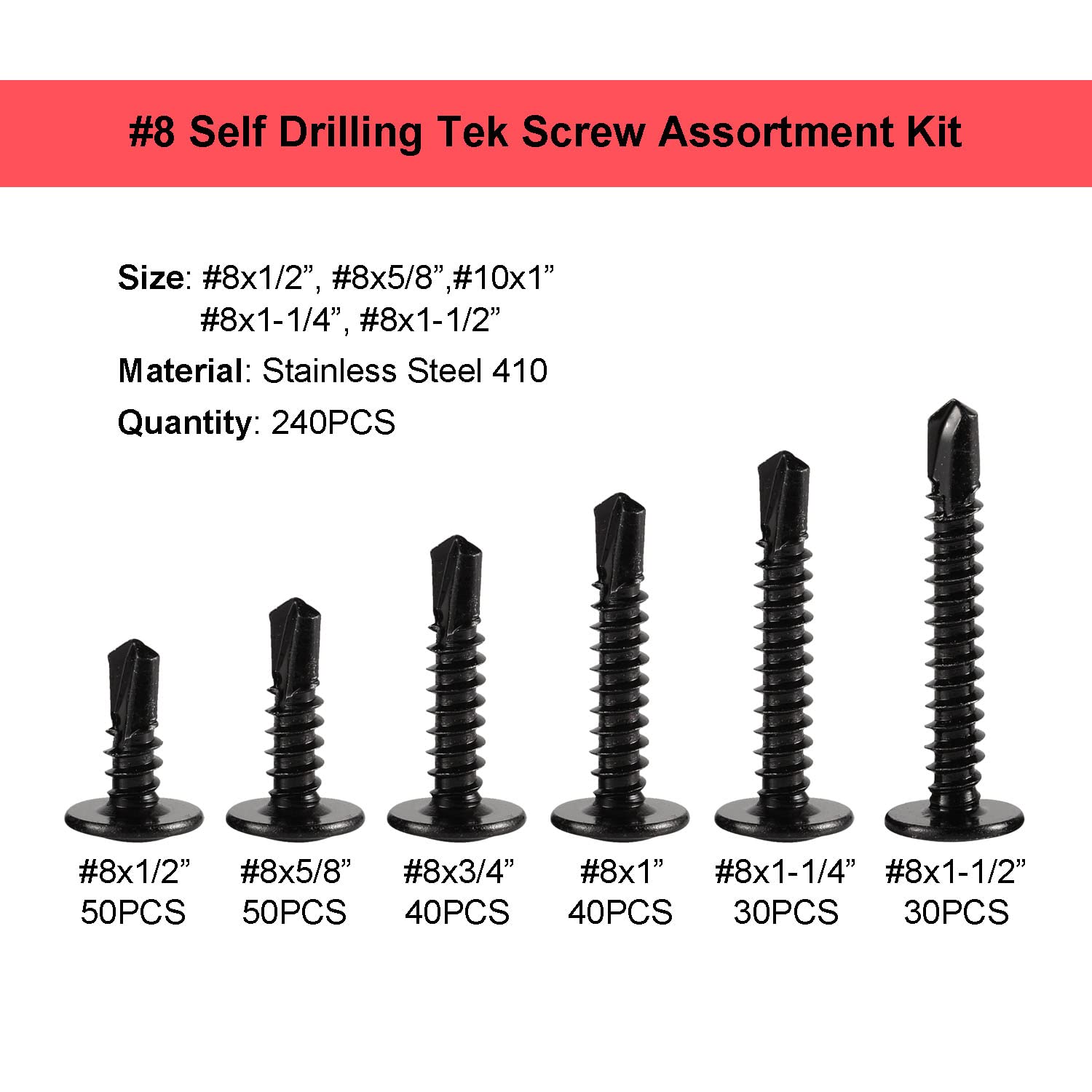 240PCS #8 Self Drilling TEK Screw Assortment Kit, Hex Washer Head Self Tapping Screws for Metal, Black Oxide 410 Stainless Steel Screws, Length 1/2" to 1-1/2"