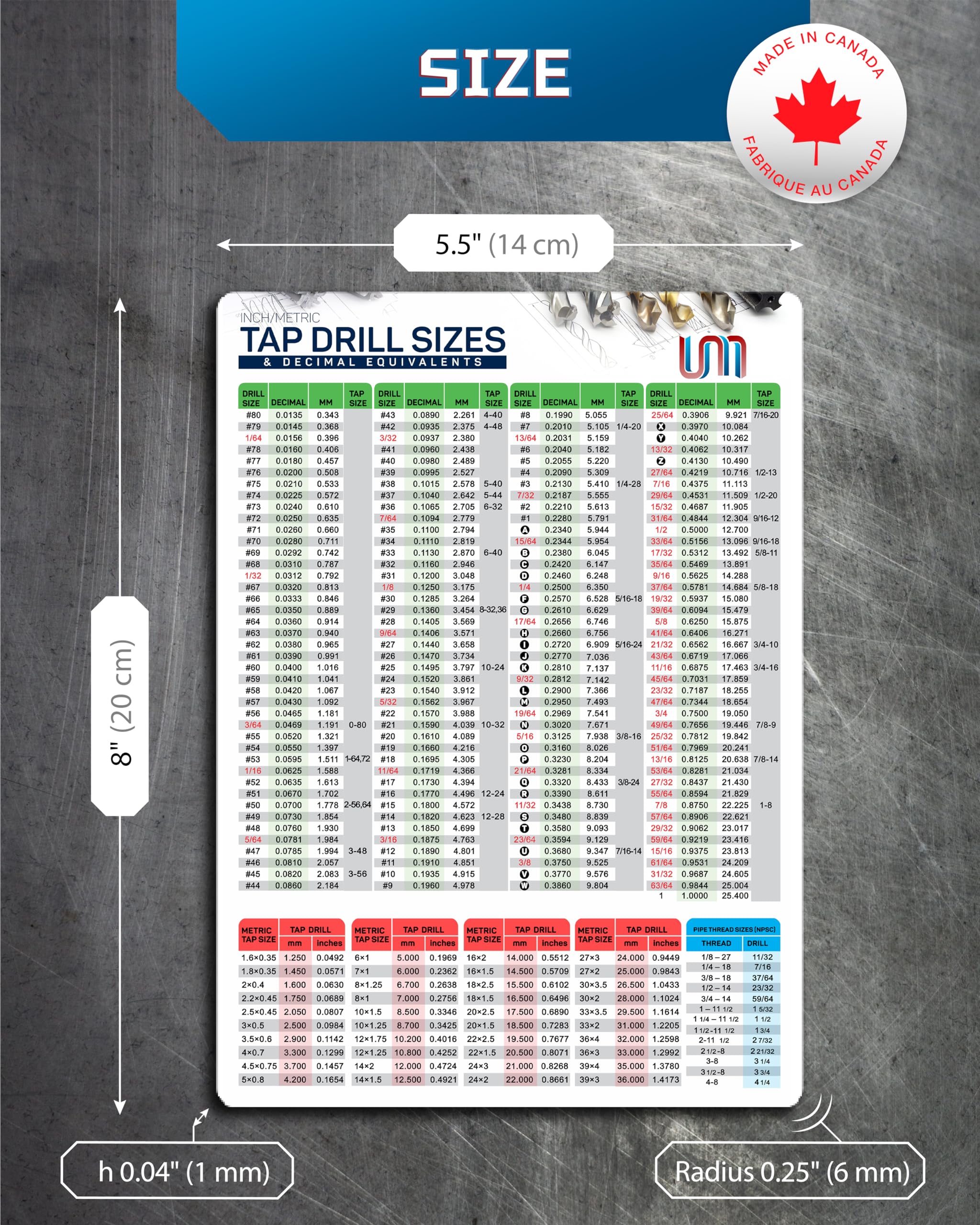 Useful Magnets Tap Drill Recommendations Chart | Decimals Equivalents Flexible Magnetic Drill Poster | Fractional & Metric Sizes Wall Art Hanging for CNC Shop | Garage, Toolbox, Green, 5.5" x 8"