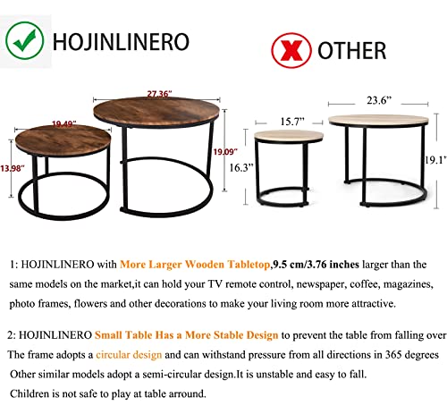 HOJINLINERO Industrial Round Coffee Table Set of 2 End Table for Living Room,Stacking Side Tables, Sturdy and Easy Assembly,Wood Look Accent Furniture with Metal Frame,Black+Rustic Brown